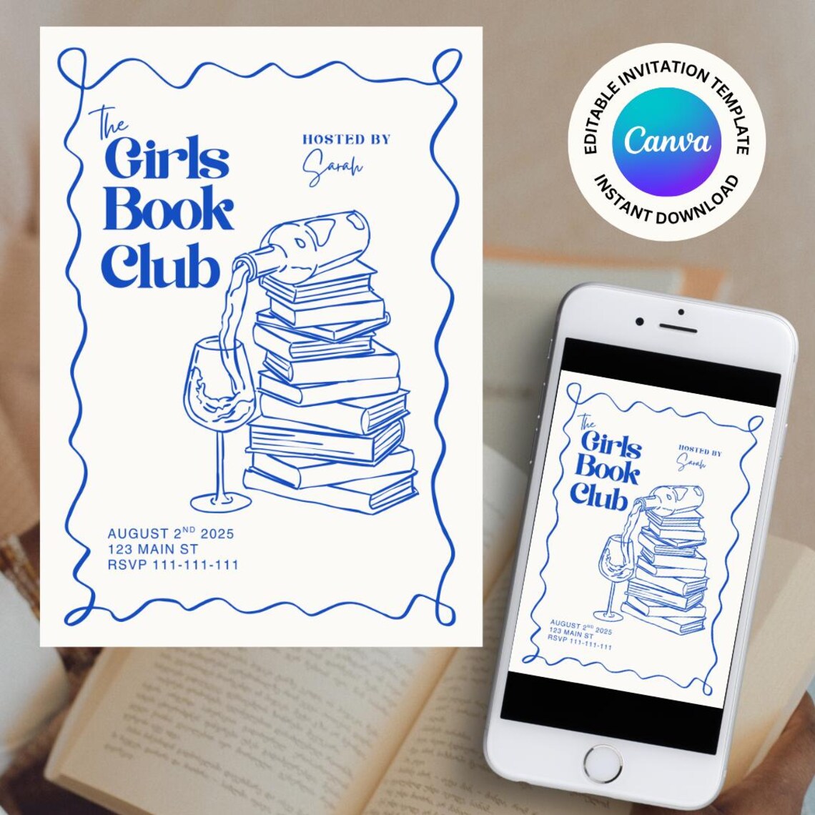 Editable Book Club Invitation Text Template | Girls Night Invite | Hand ...
