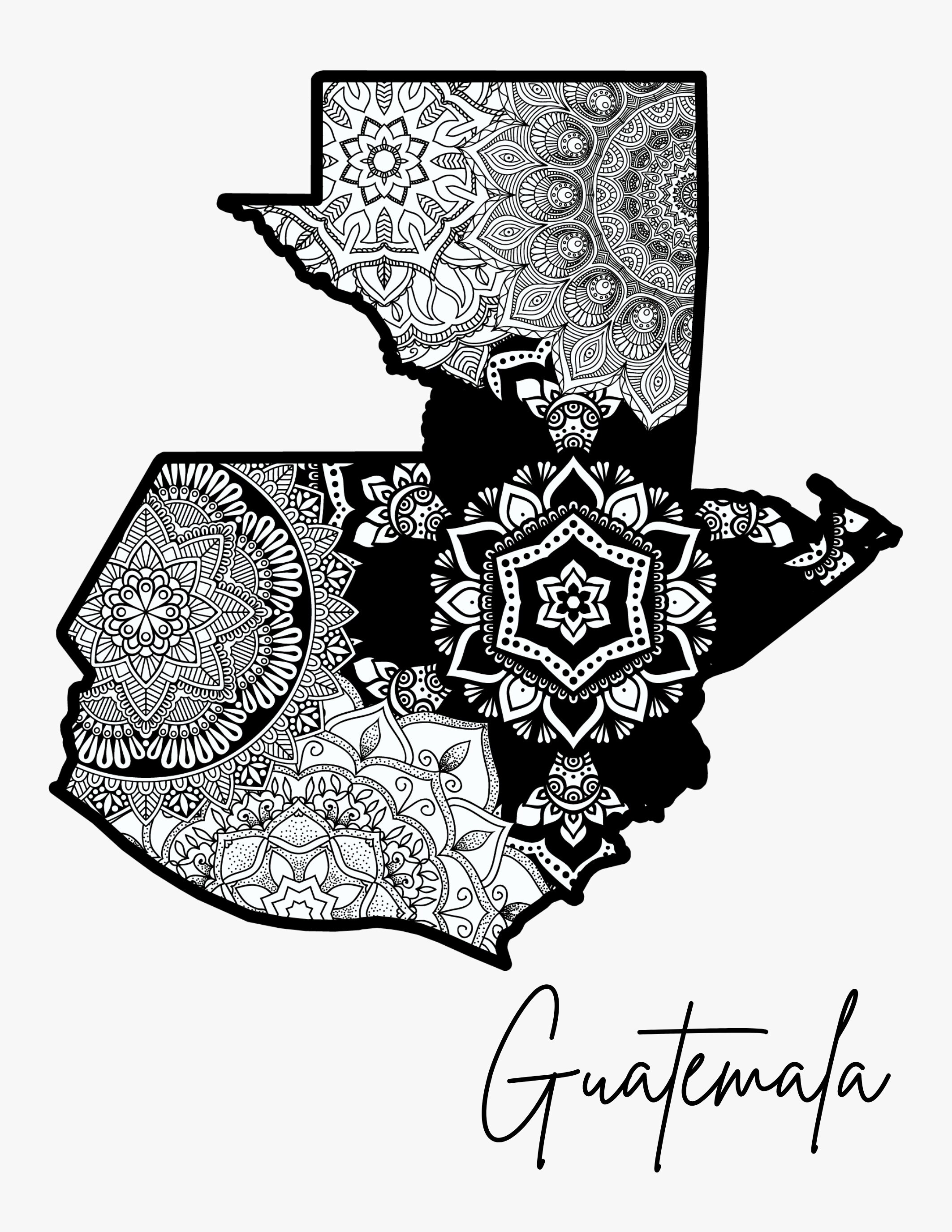 Black and White Country Maps With Mandala Designs, Instant Digital ...