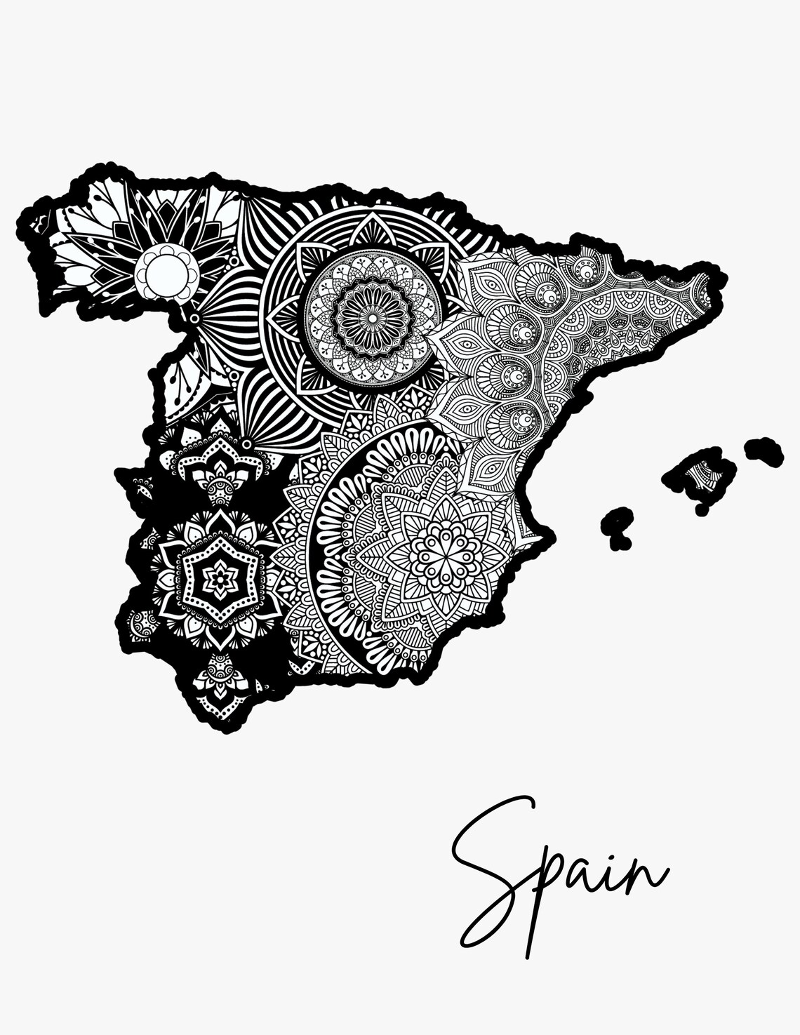 Black and White Country Maps With Mandala Designs, Instant Digital ...
