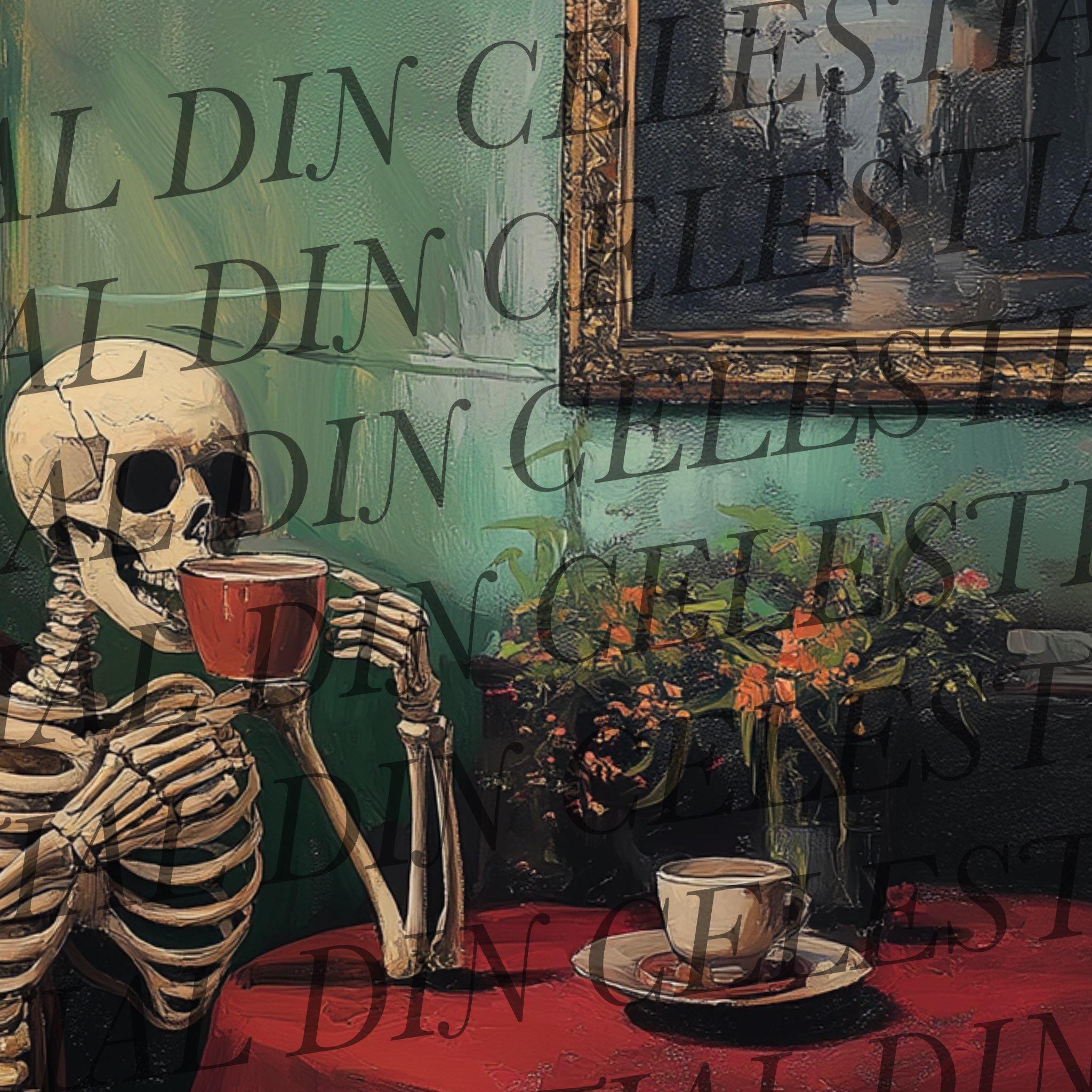 Skeleton Coffee Poster, DIGITAL IMAGE, Cozy Fall Print, Halloween Home ...