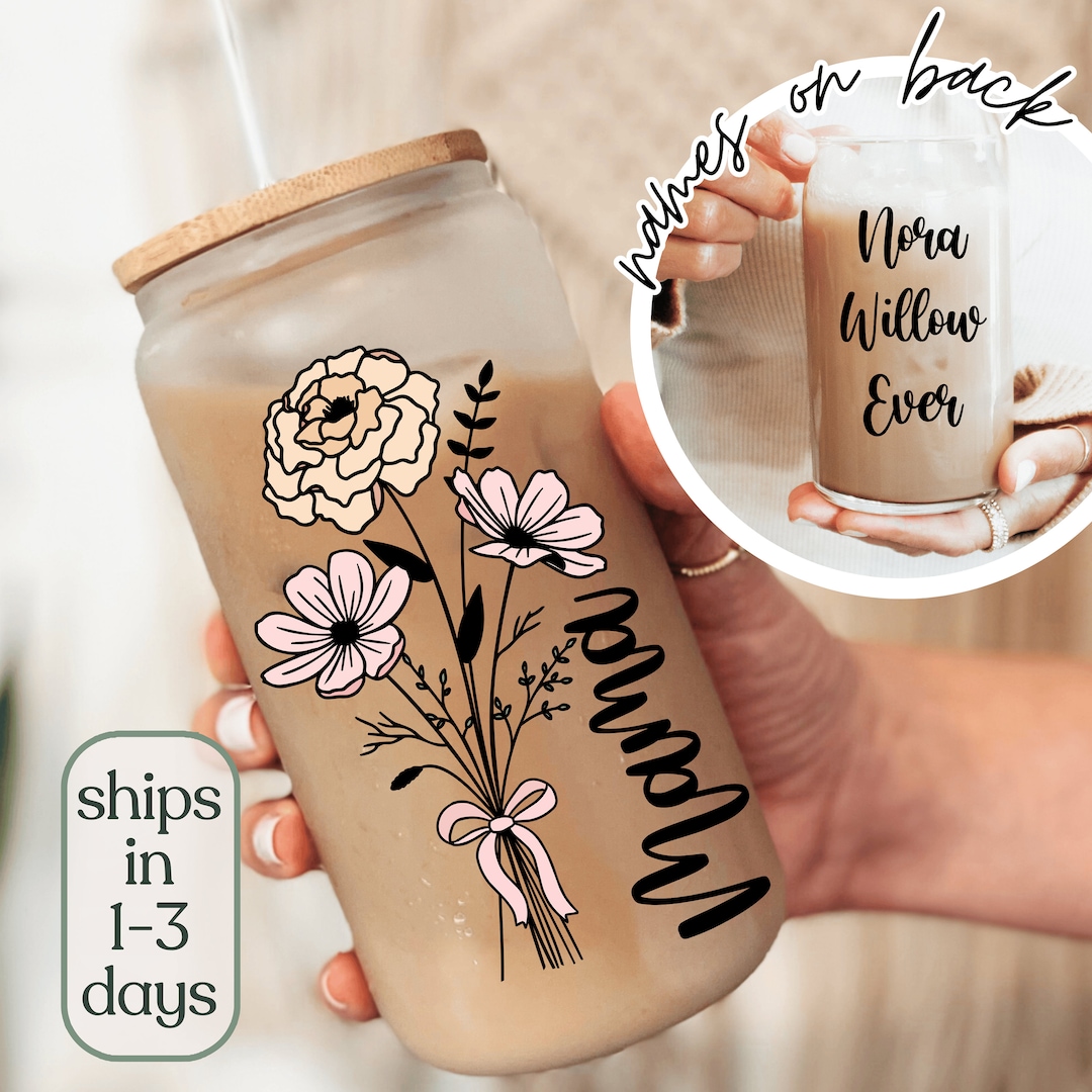 Personalized Mama Birth Flower Coffee Glass Flower Iced Coffee Tumbler ...