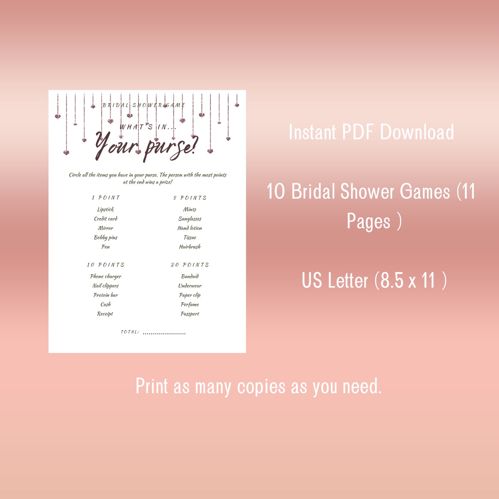 10 Printable Bridal Shower Games Bundle - Rose Gold Hearts - Fun ...