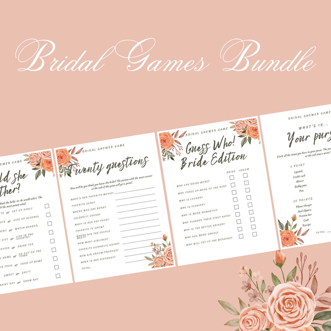 10 Printable Bridal Shower Games Bundle - Peach Flowers - Fun ...