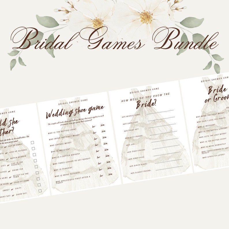 10 Printable Bridal Shower Games Bundle - Bridal Gown - Fun ...