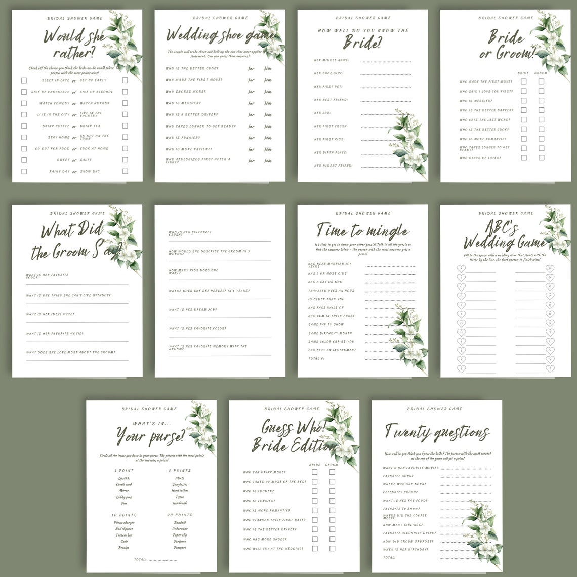 10 Printable Bridal Shower Games Bundle Moss Green Fun & Interactive ...