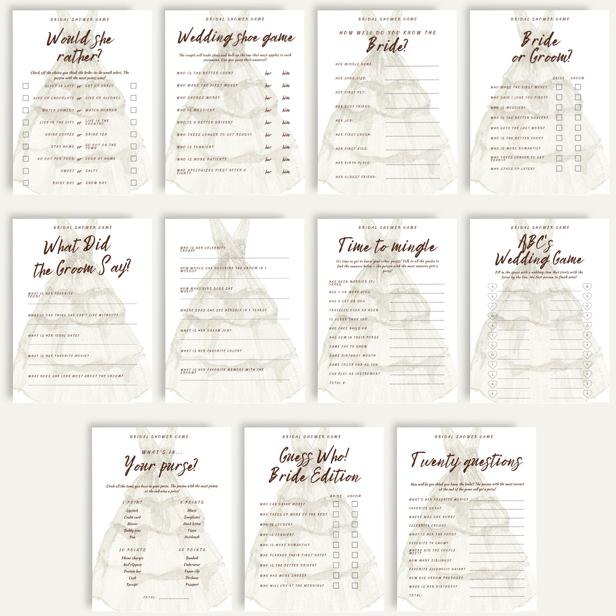 10 Printable Bridal Shower Games Bundle - Bridal Gown - Fun ...