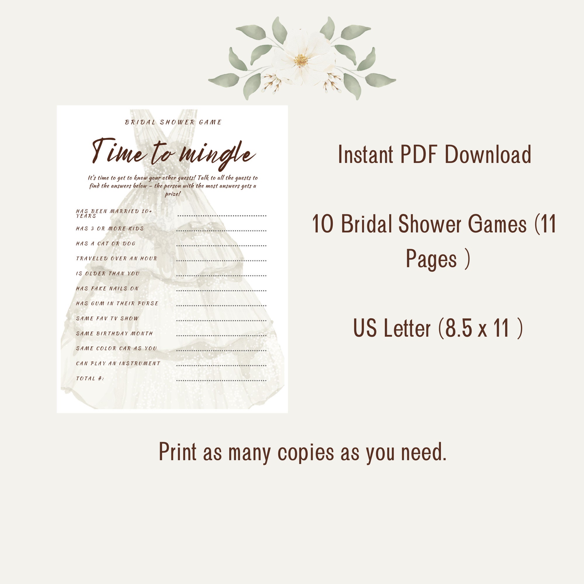 10 Printable Bridal Shower Games Bundle - Bridal Gown - Fun ...