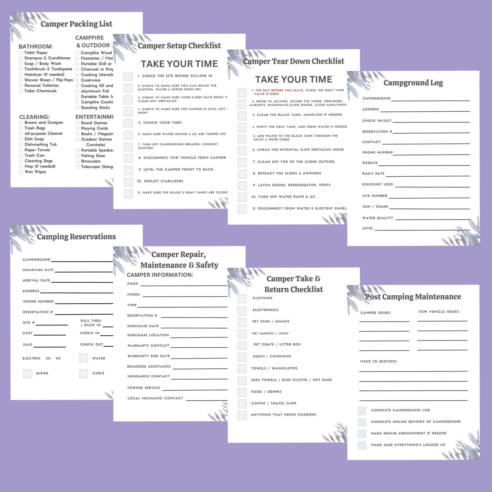 Camper Checklist Printable Bundle Lilac Leaves - Etsy