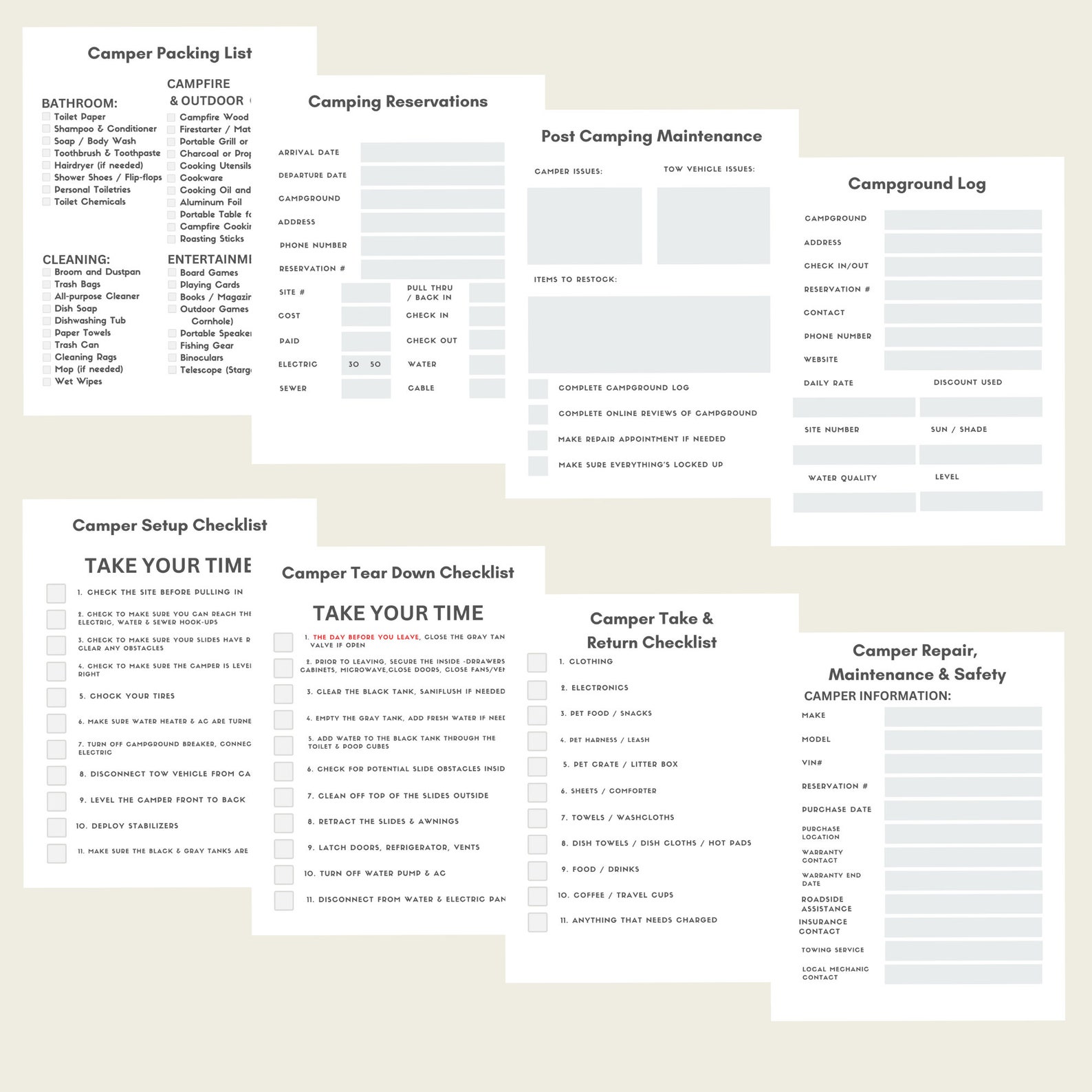 Camper Checklist Printable Bundle Plain - Etsy