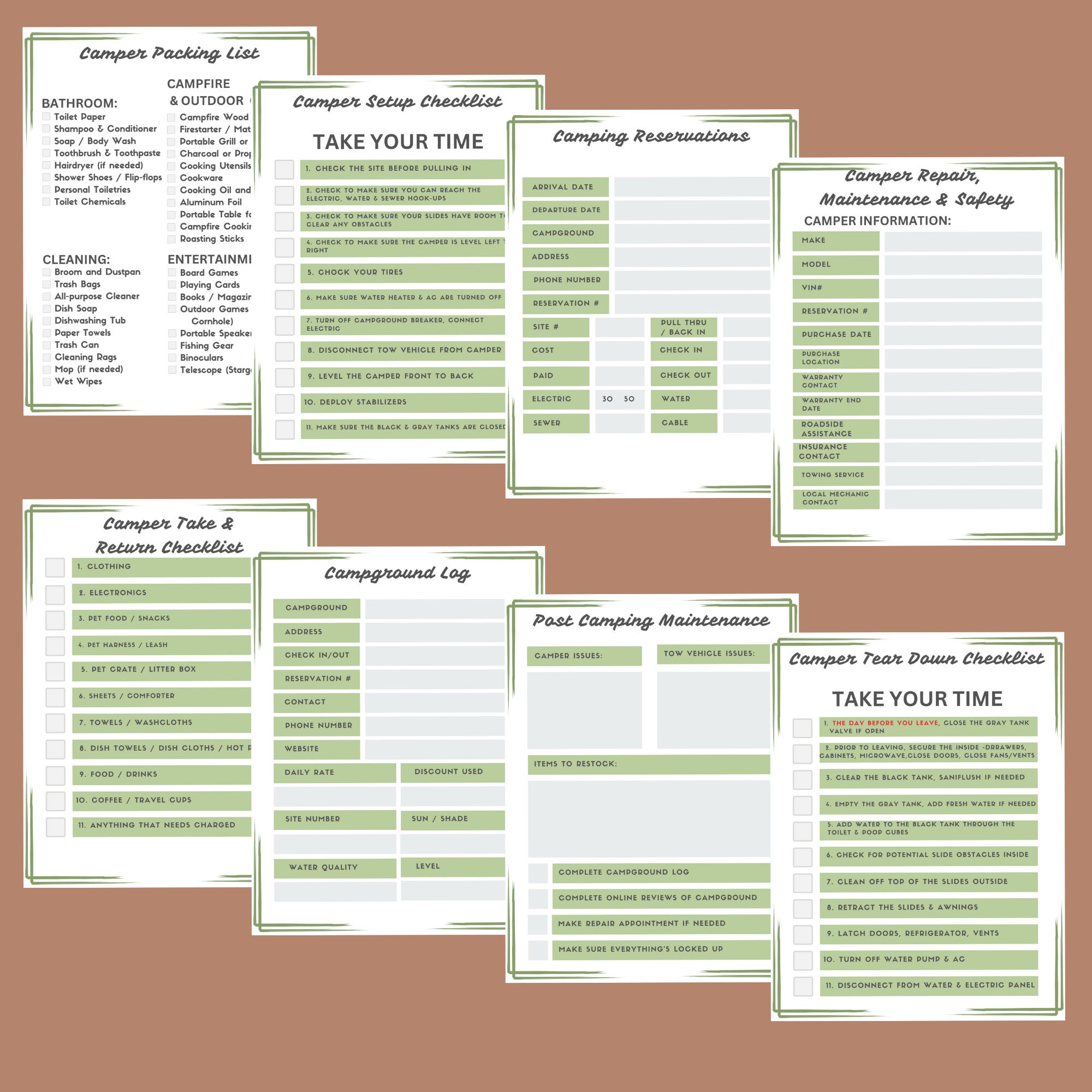 Camper Checklist Printable Bundle Green - Etsy