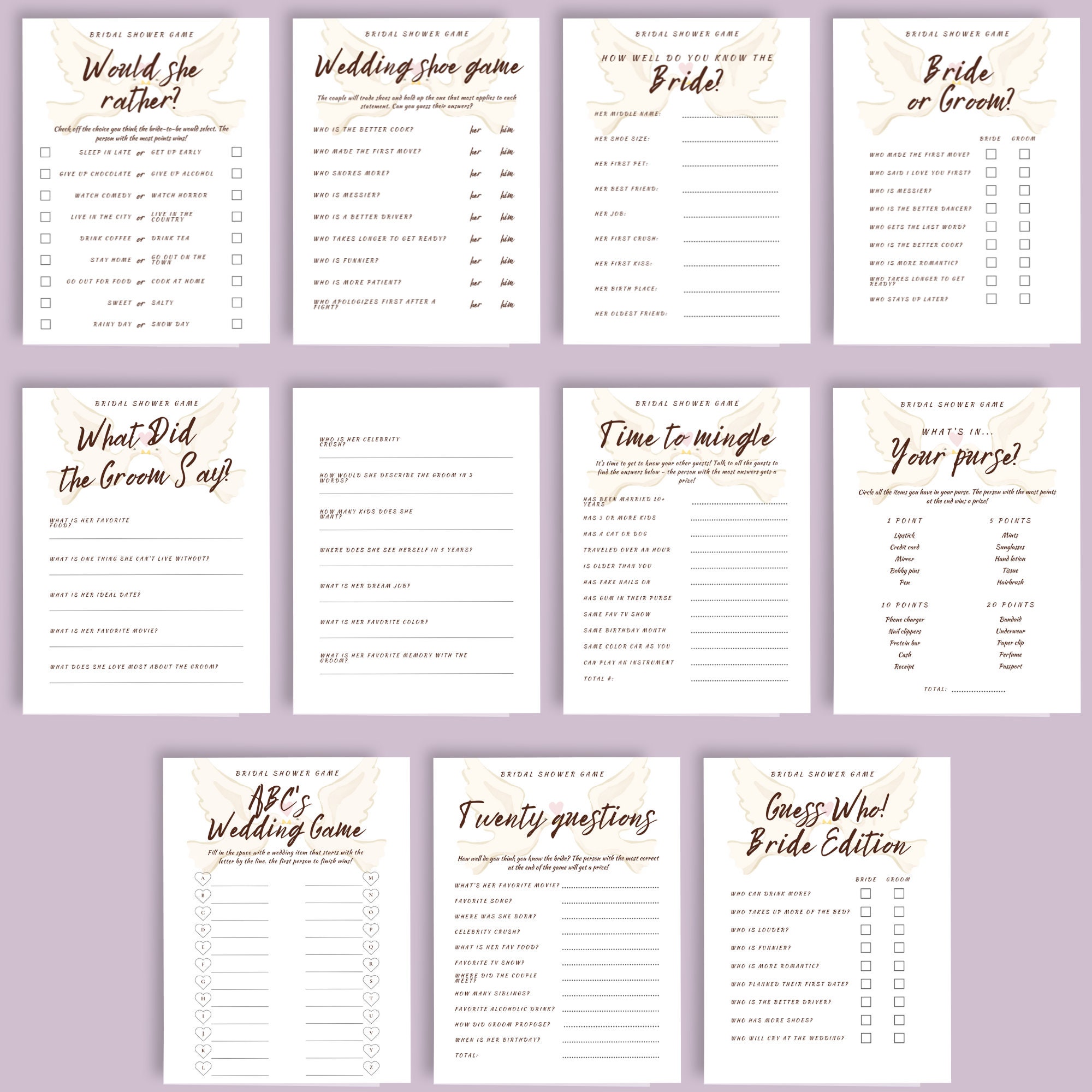 10 Printable Bridal Shower Games Bundle - Love Birds - Fun ...