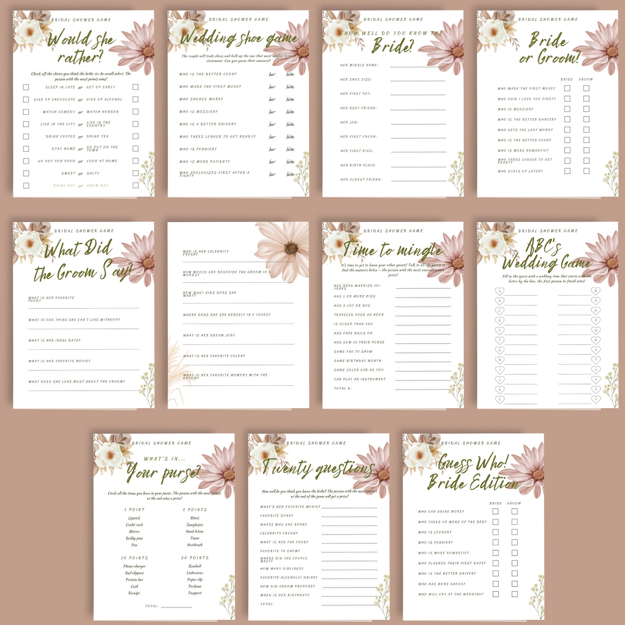 10 Printable Bridal Shower Games Bundle - Boho - Fun & Interactive ...