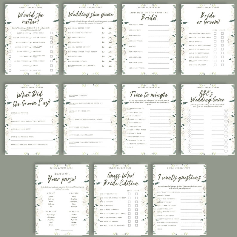 10 Printable Bridal Shower Games Bundle - White Lily - Fun ...