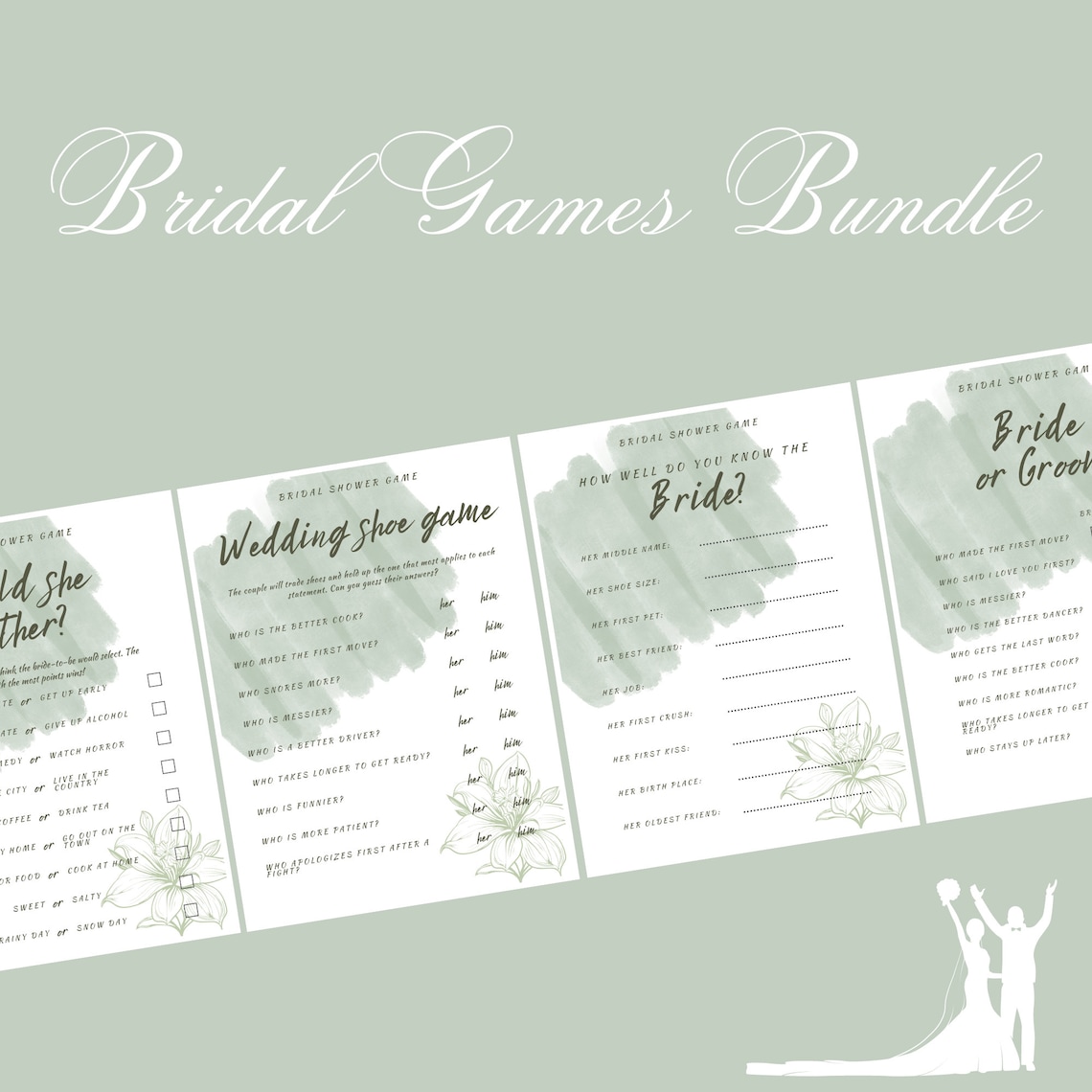 10 Printable Bridal Shower Games Bundle - Sage Green - Fun ...