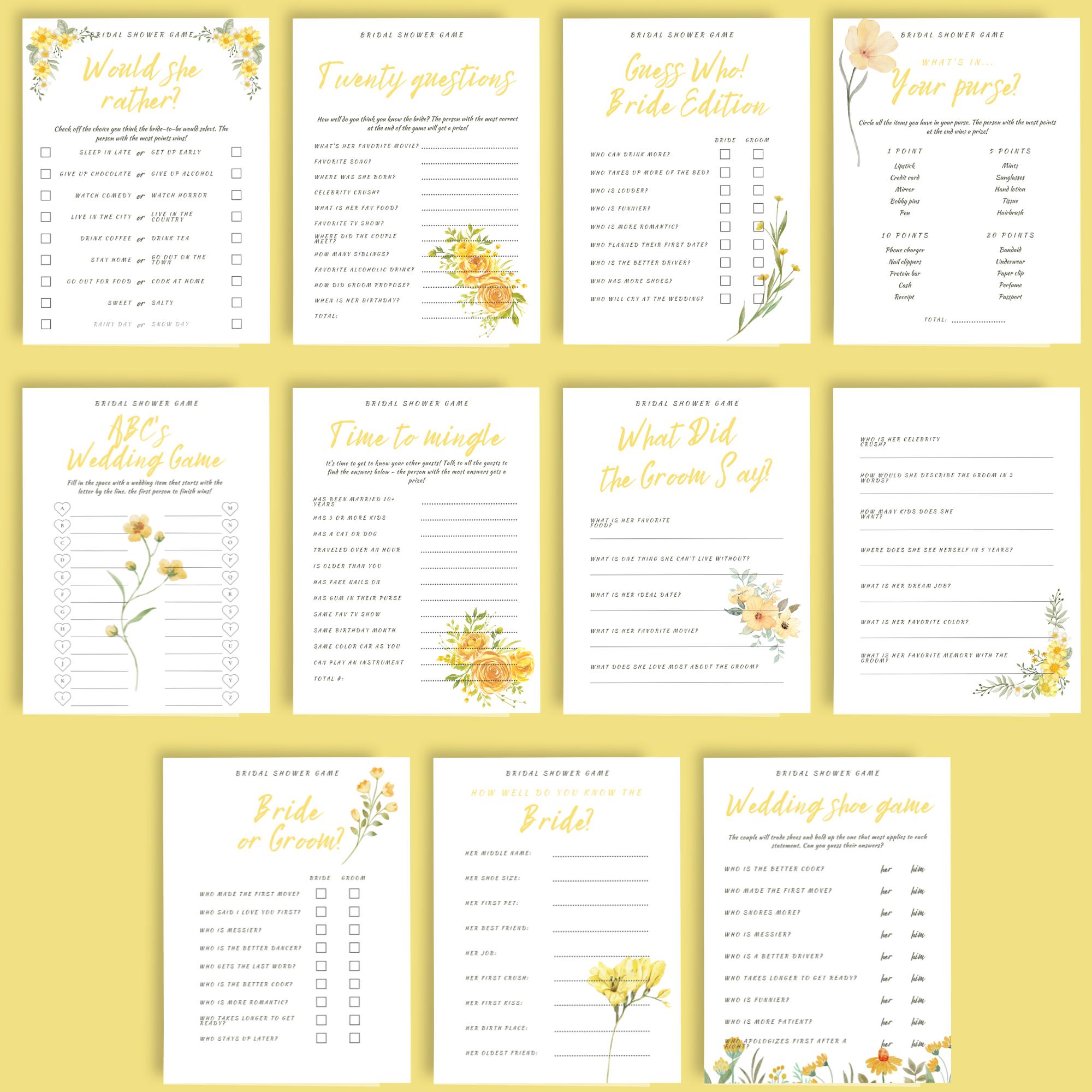 10 Printable Bridal Shower Games Bundle - Yellow Flowers - Fun ...