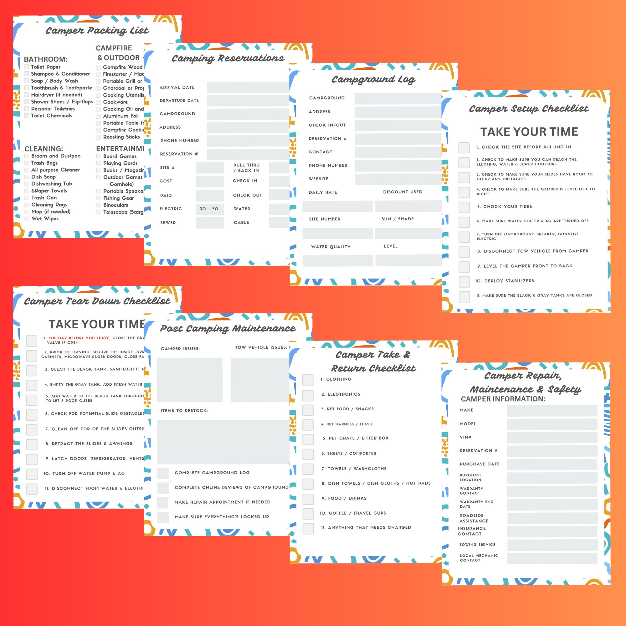 Camper Checklist Printable Bundle Colorful - Etsy