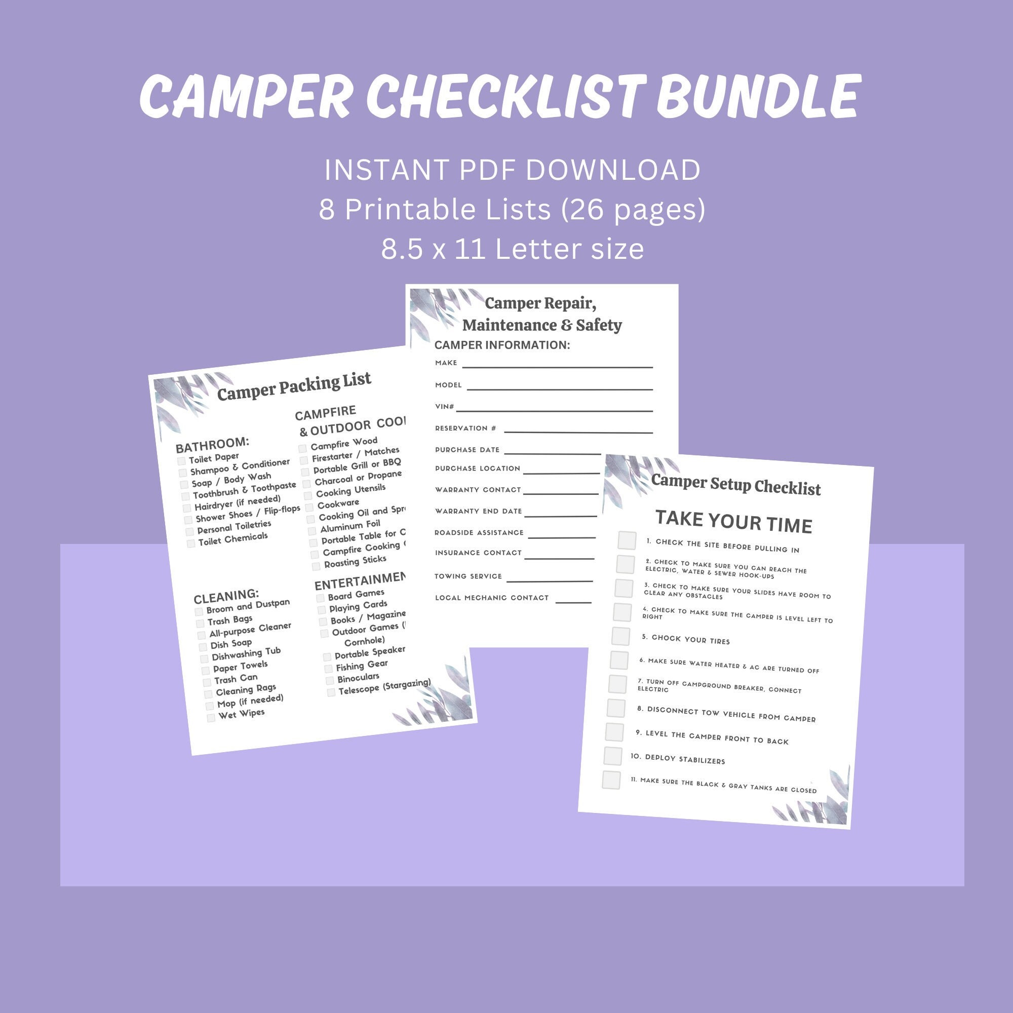 Camper Checklist Printable Bundle Lilac Leaves - Etsy