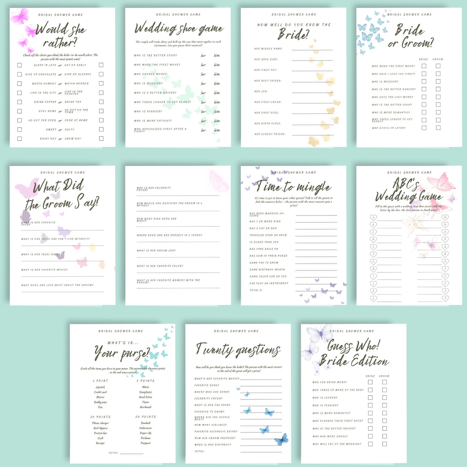10 Printable Bridal Shower Games Bundle - Butterflies - Fun ...
