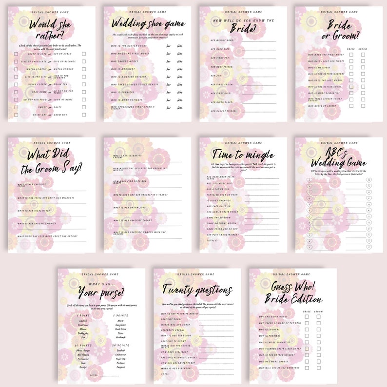 10 Printable Bridal Shower Games Bundle Bold Flowers Fun & Interactive ...