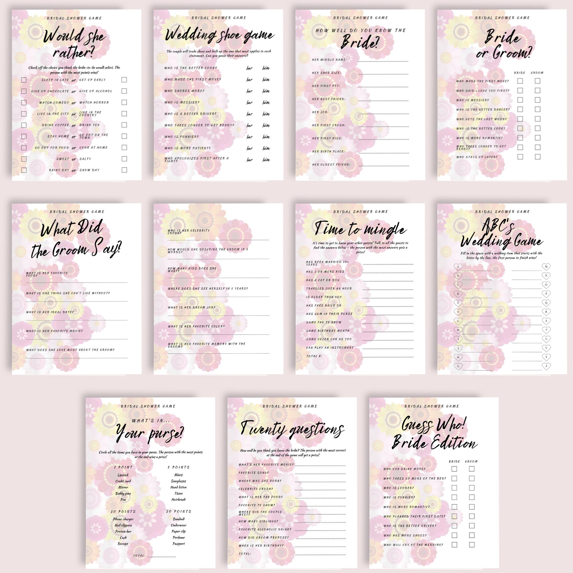 10 Printable Bridal Shower Games Bundle Bold Flowers Fun & Interactive ...