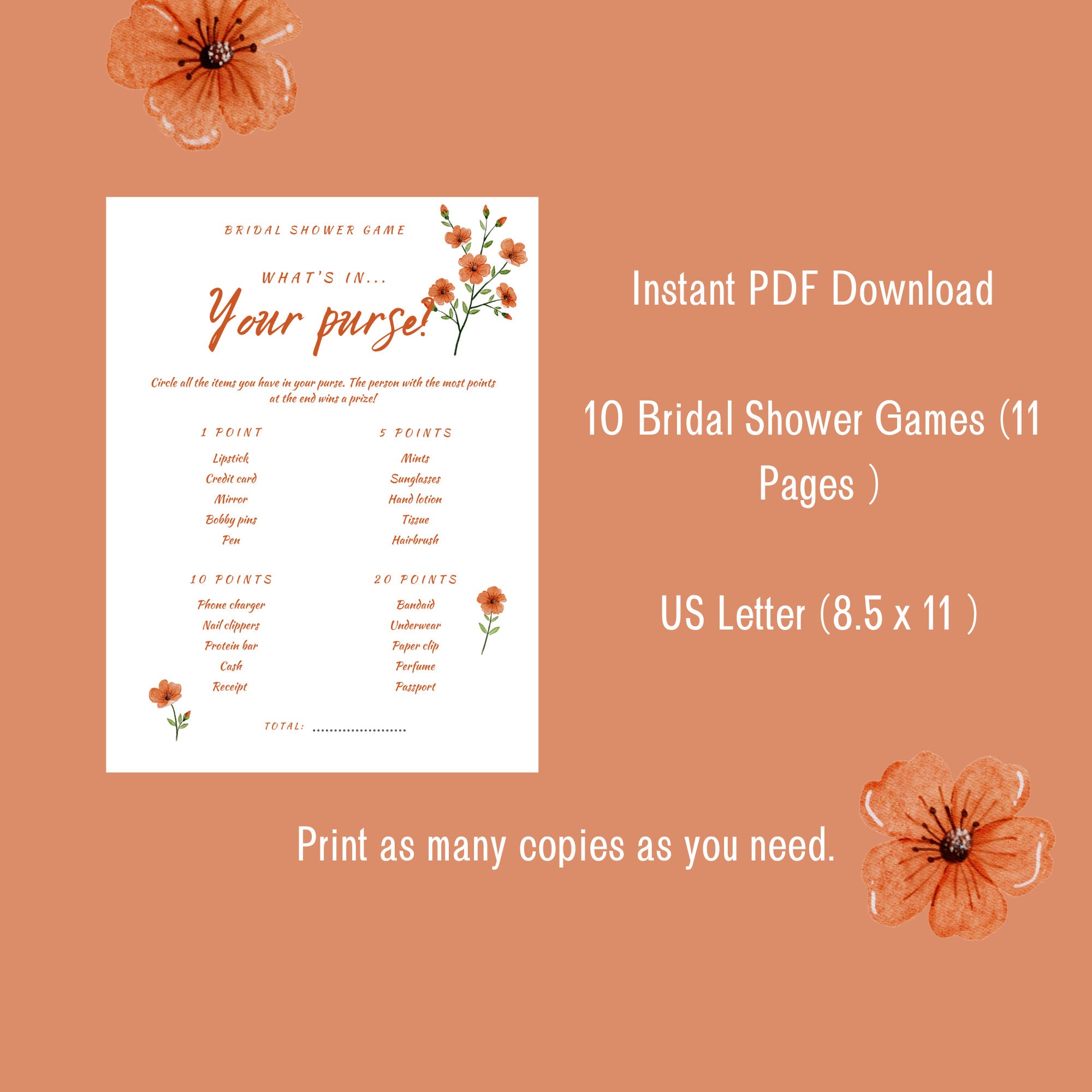 10 Printable Bridal Shower Games Bundle - Burnt Orange - Fun ...