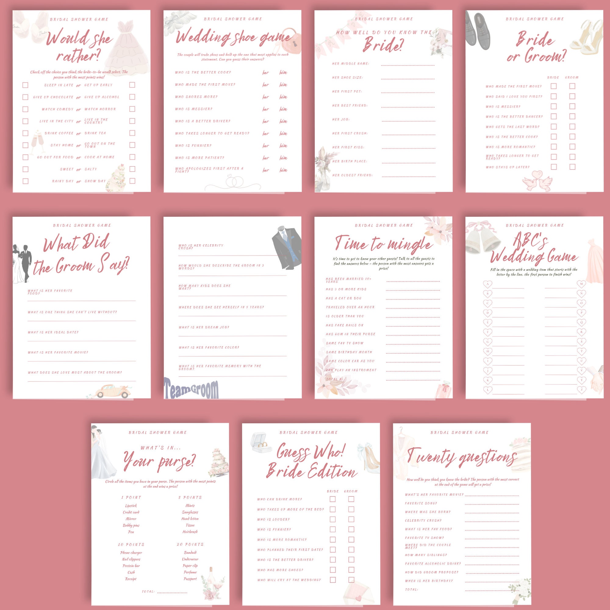 10 Printable Bridal Shower Games Bundle - Pink - Fun & Interactive ...