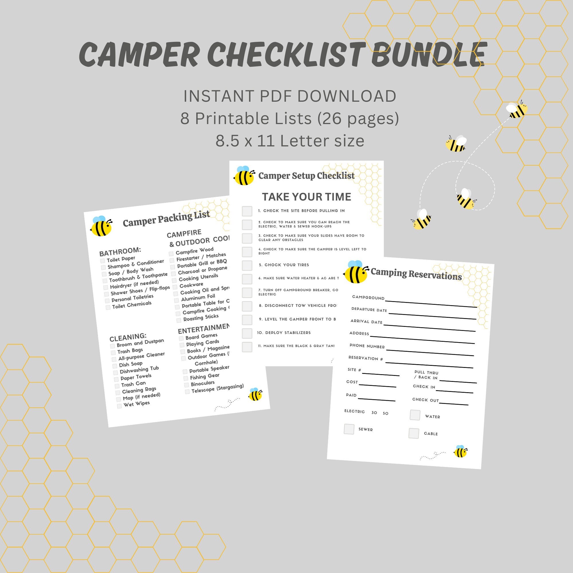 Camper Checklist Printable Bundle Honey Bee - Etsy
