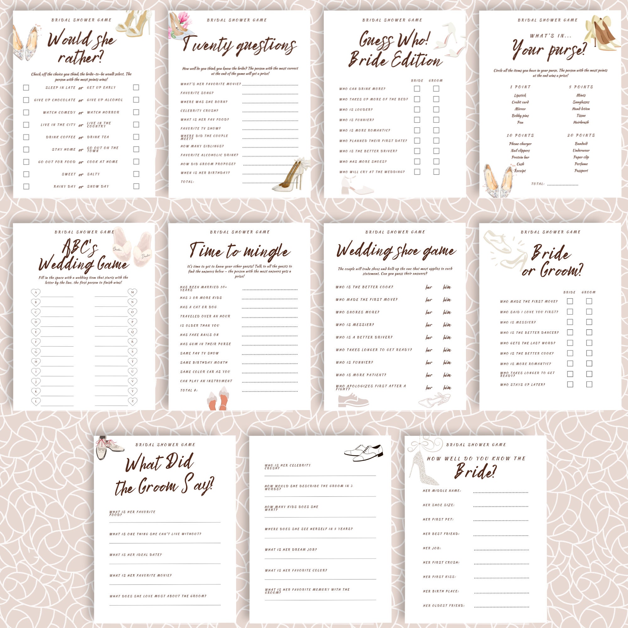 10 Printable Bridal Shower Games Bundle Bridal Shoes Fun & Interactive ...