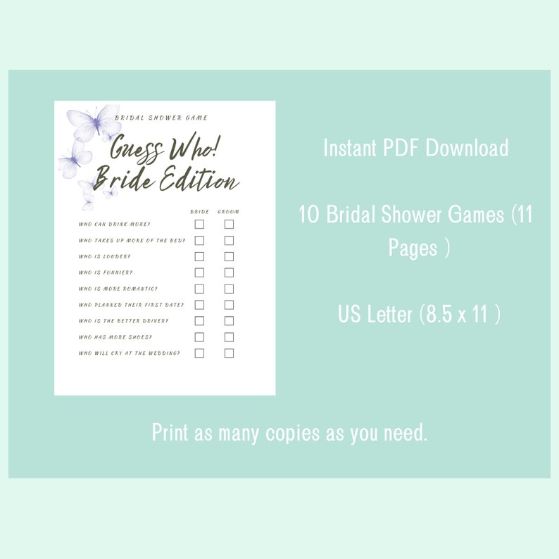 10 Printable Bridal Shower Games Bundle - Butterflies - Fun ...