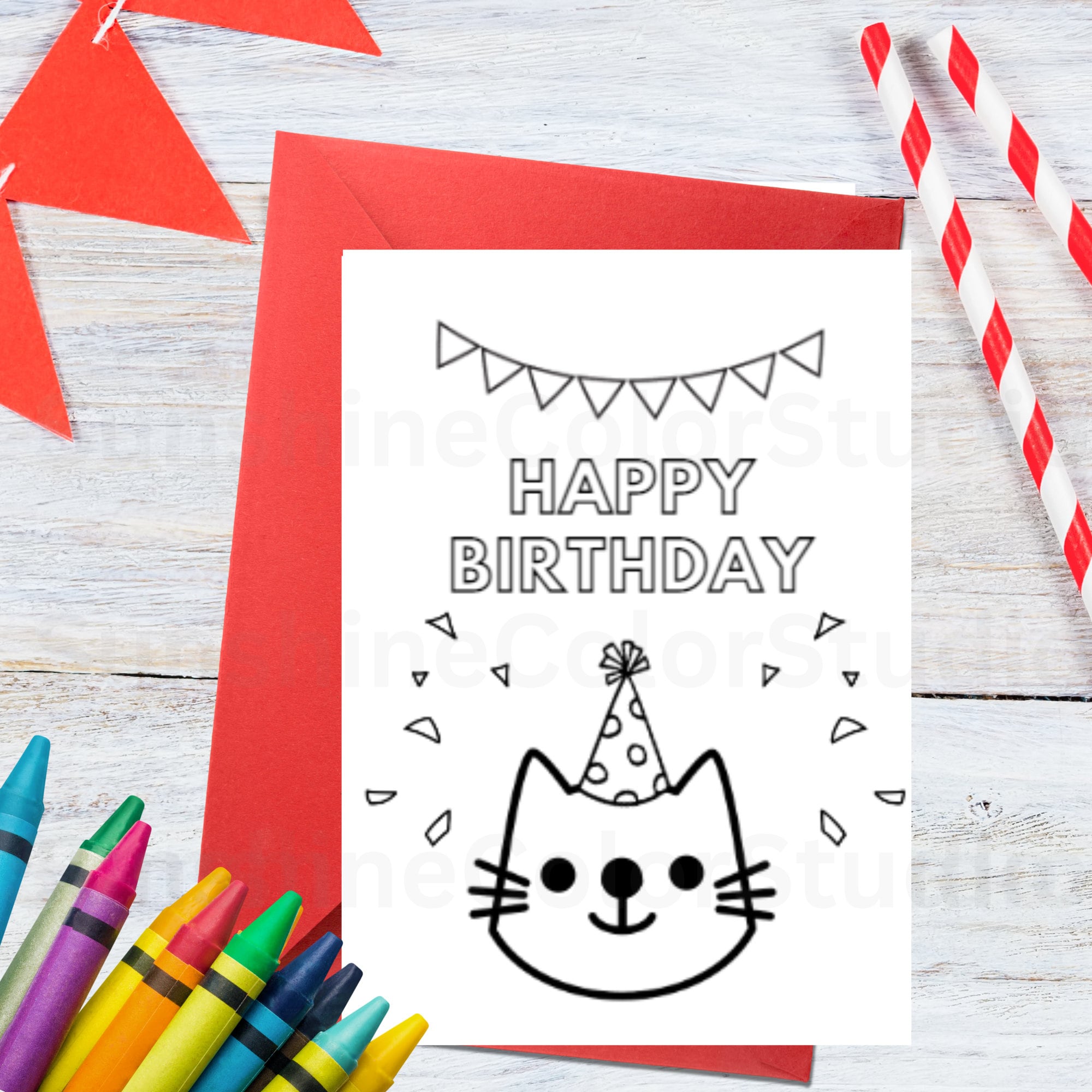 Printable Happy Birthday CAT Coloring Card & Sheet, Kid's Party ...