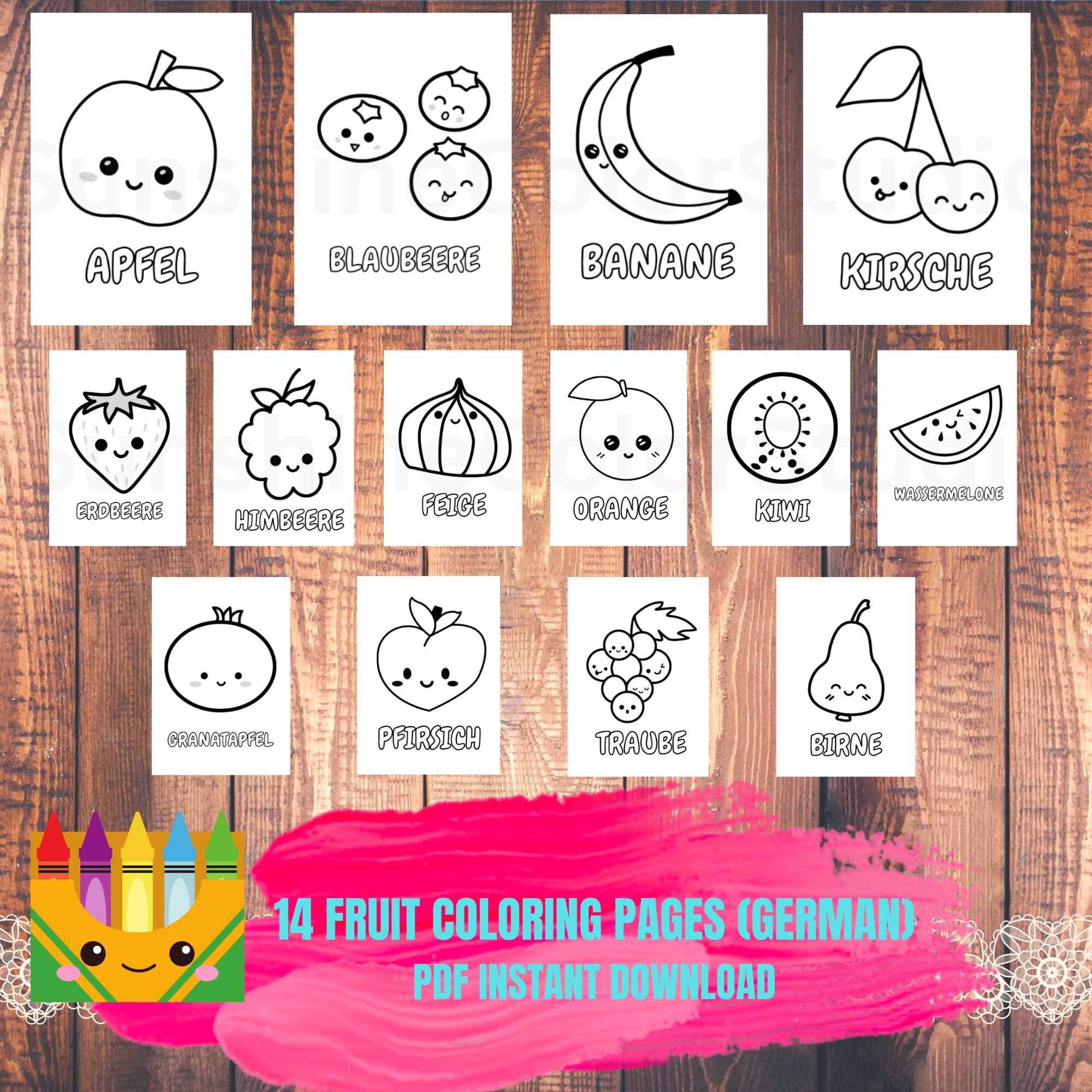 Printable GERMAN Fruit Coloring Pages for Kids, 14 Pages, Kids Party ...