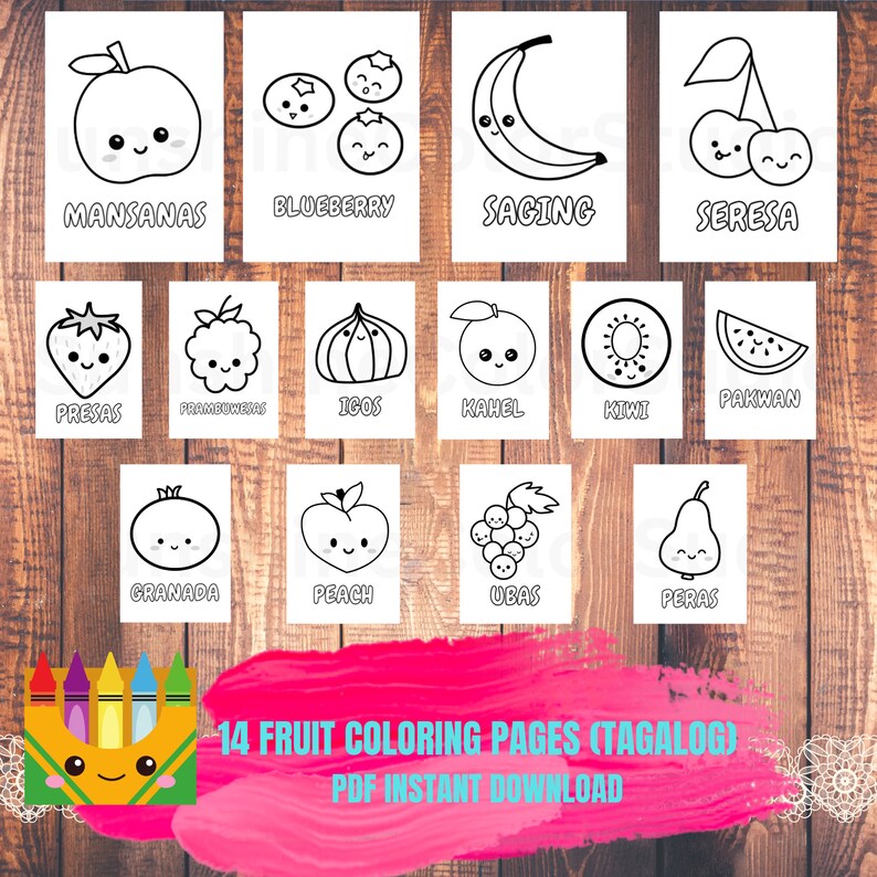 Printable TAGALOG Fruit Coloring Pages for Kids, 14 Pages, Kids Party ...