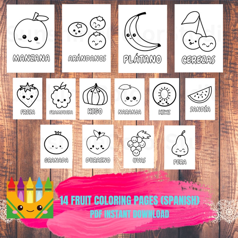 Printable SPANISH Fruit Coloring Pages for Kids, 14 Pages, Kids Party ...
