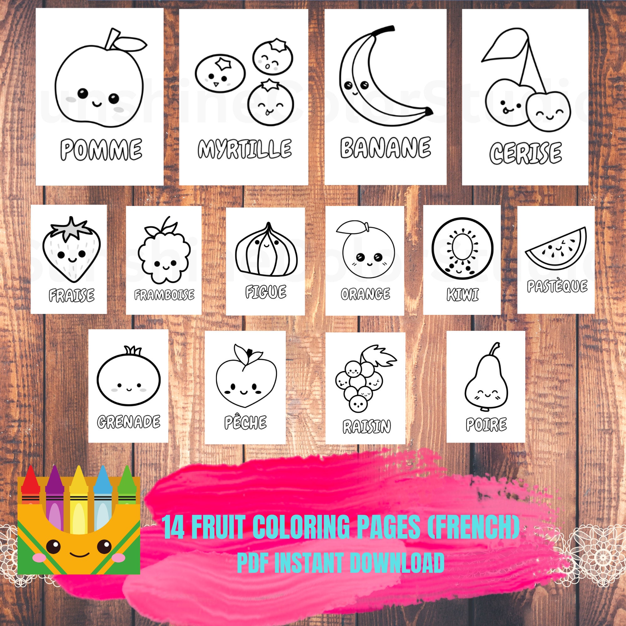 Printable FRENCH Fruit Coloring Pages for Kids, 14 Pages, Kids Party ...