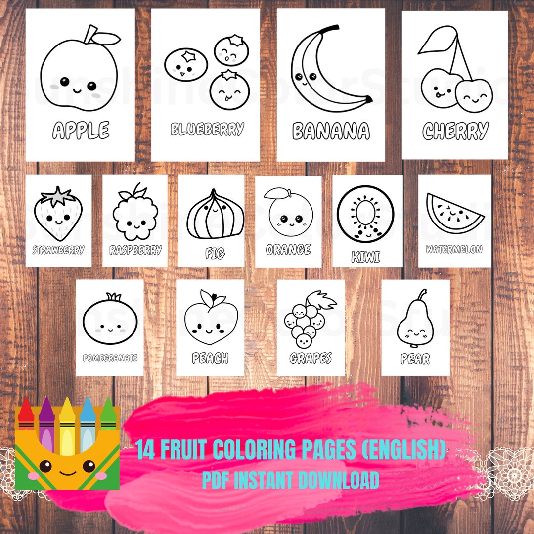 Printable ENGLISH Fruit Coloring Pages for Kids, 14 Pages, Kids Party ...