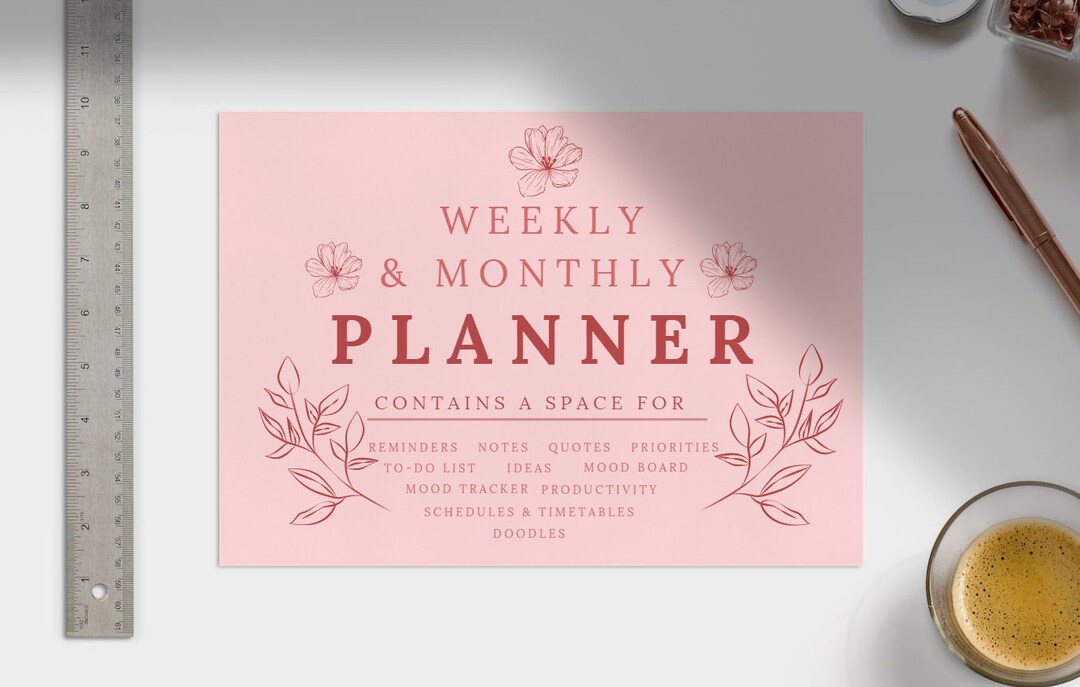 Pink-themed Digital Weekly and Monthly Planner for School, Tasks, Goal ...