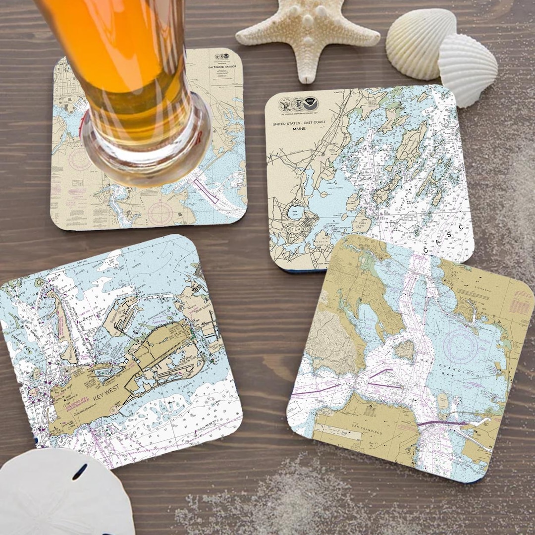 Nautical Chart Ceramic Coaster - Coastal Map Drink Coaster for Beach ...