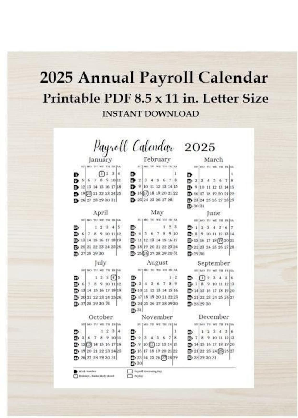 2025 Annual Printable Payroll Calendar, Download Yearly Payroll ...