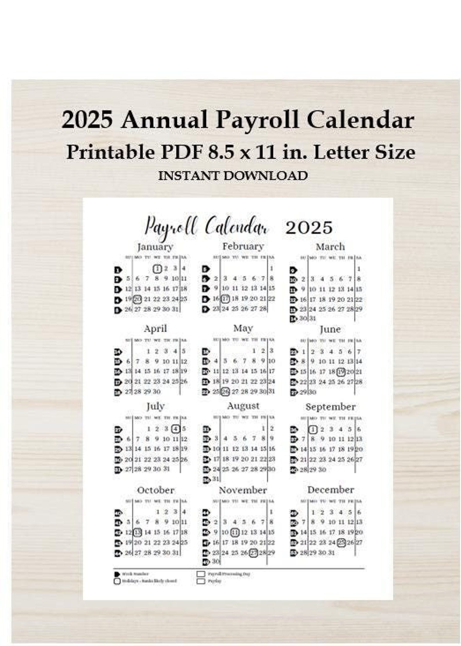 2025 Annual Printable Payroll Calendar, Download Yearly Payroll ...