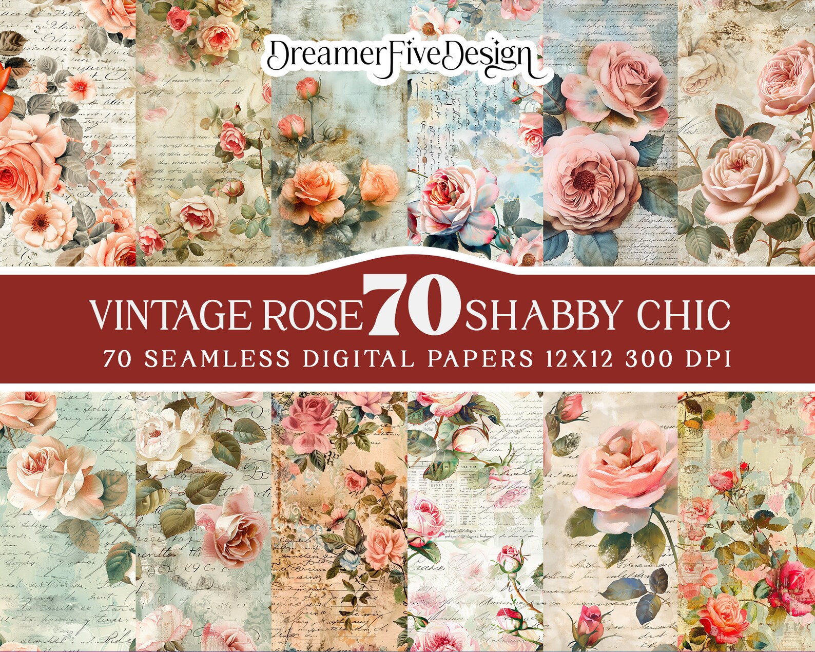 Vintage Rose Digital Paper Bundle 300 Dpi Seamless Patterns, Floral ...