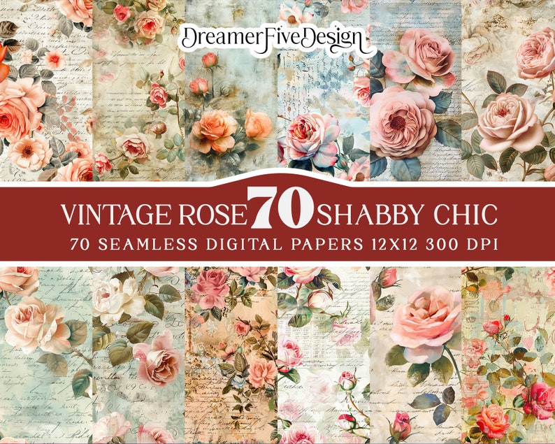 Vintage Rose Digital Paper Bundle 300 Dpi Seamless Patterns, Floral ...