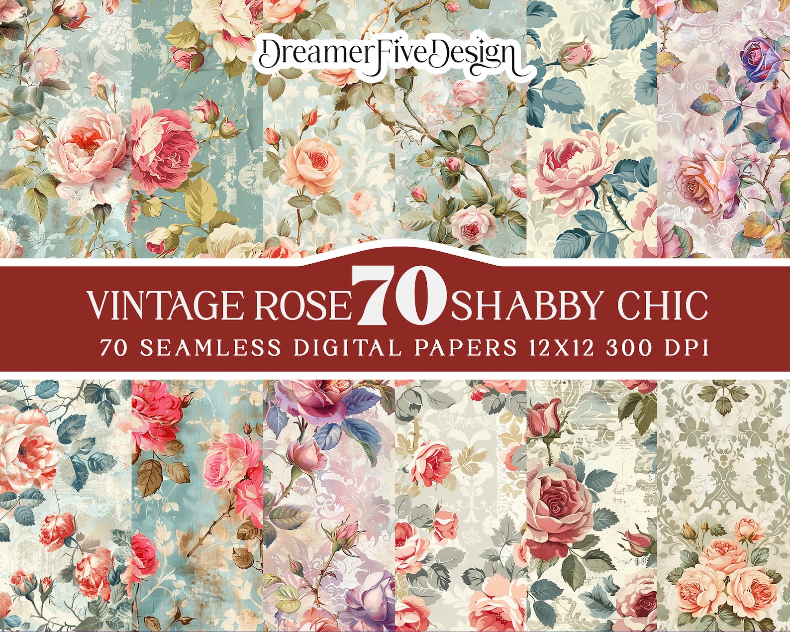 Vintage Rose Digital Paper Bundle 300 Dpi Seamless Patterns, Floral ...