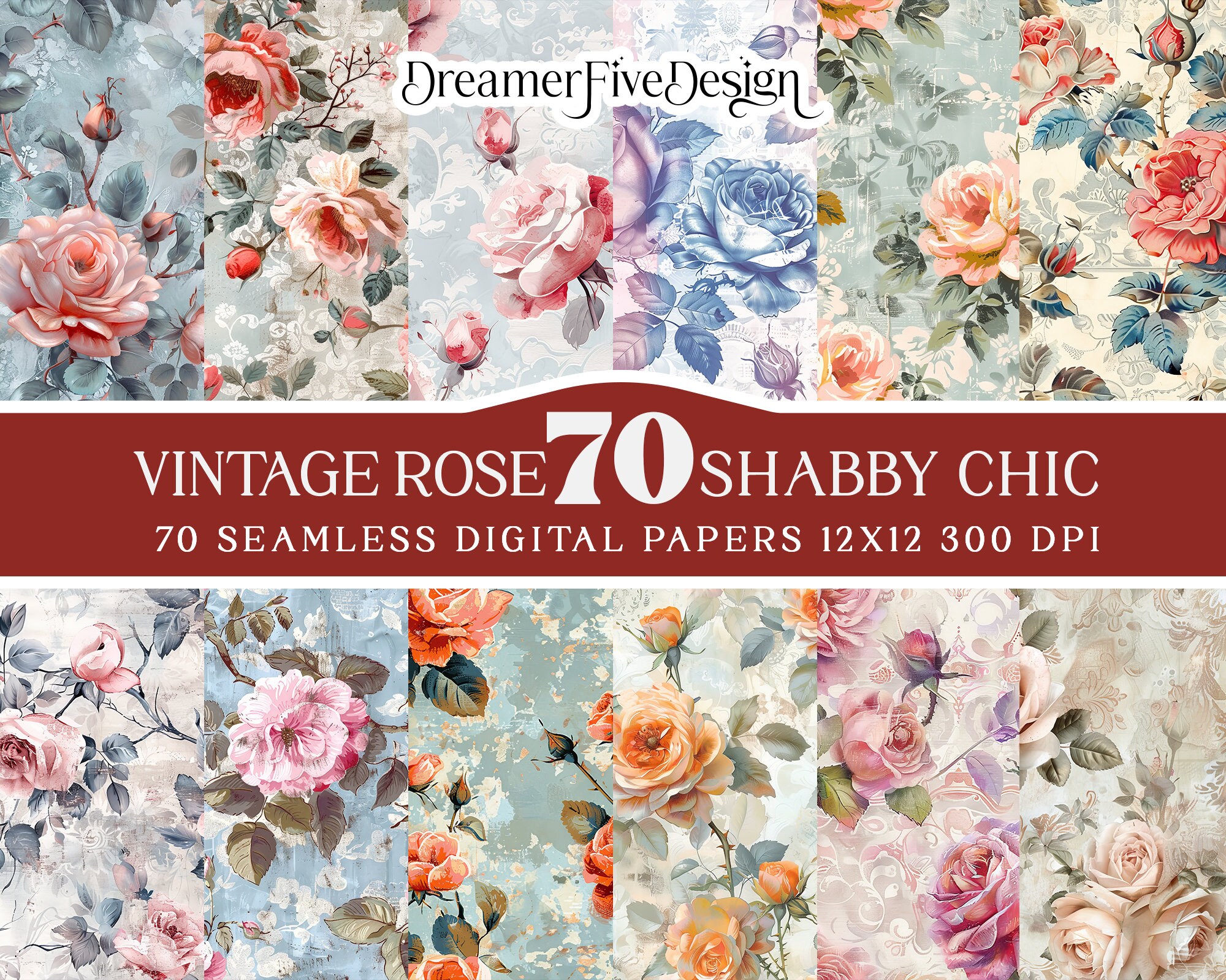 Vintage Rose Digital Paper Bundle 300 Dpi Seamless Patterns, Floral ...