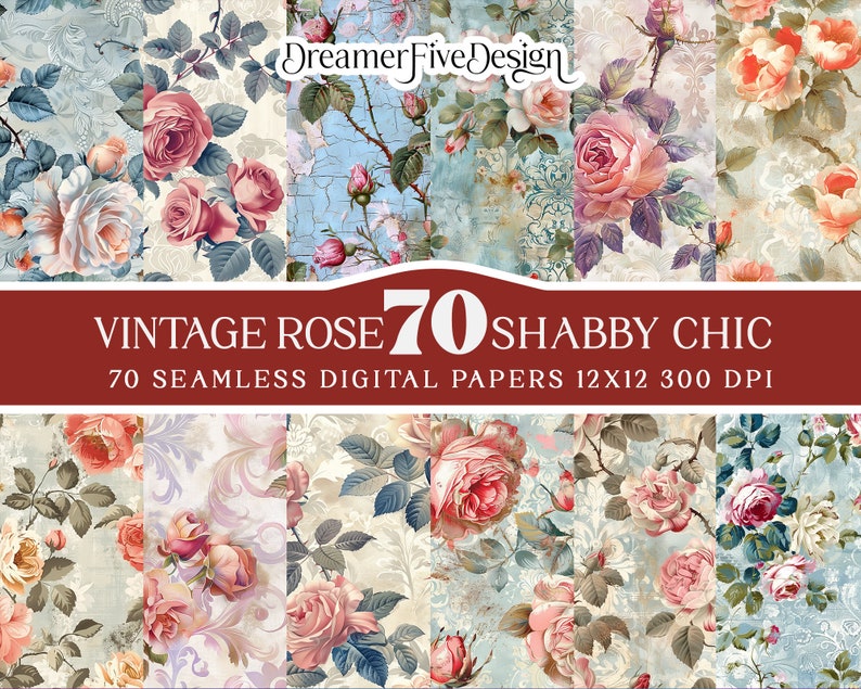 Vintage Rose Digital Paper Bundle 300 Dpi Seamless Patterns, Floral ...