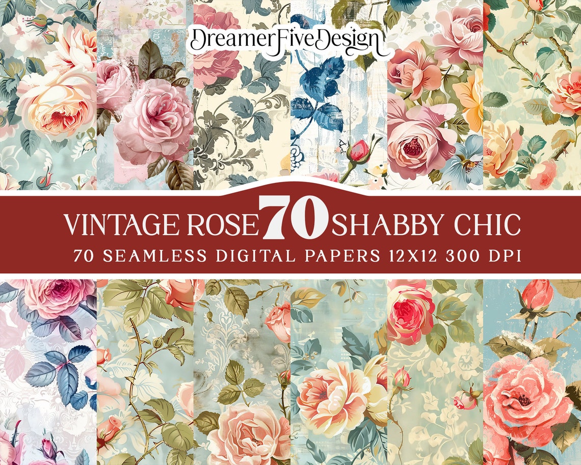 Vintage Rose Digital Paper Bundle 300 Dpi Seamless Patterns, Floral ...