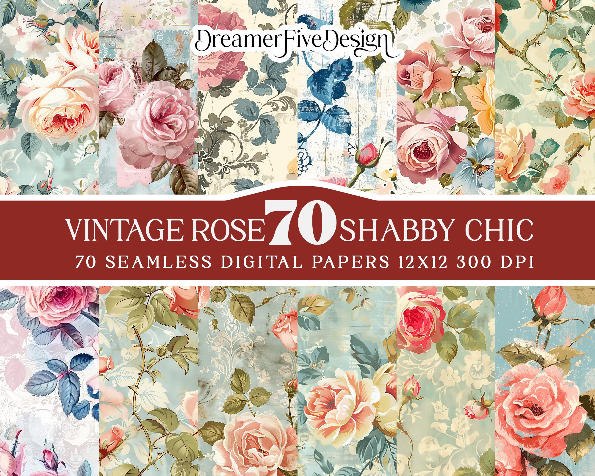 Vintage Rose Digital Paper Bundle 300 Dpi Seamless Patterns, Floral ...