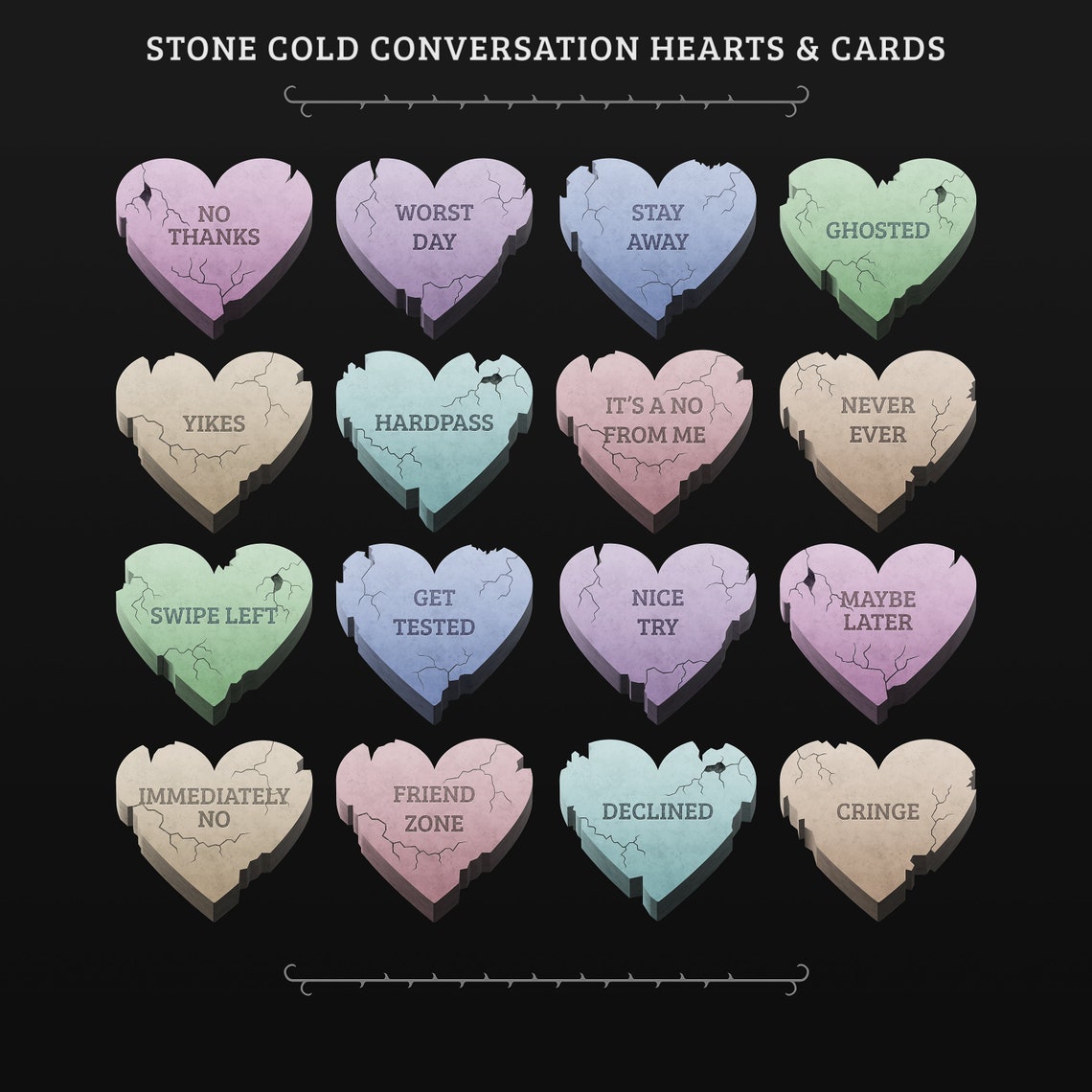 Sarcastic Valentine's Hearts Cards, Stone Cold Conversation Hearts ...
