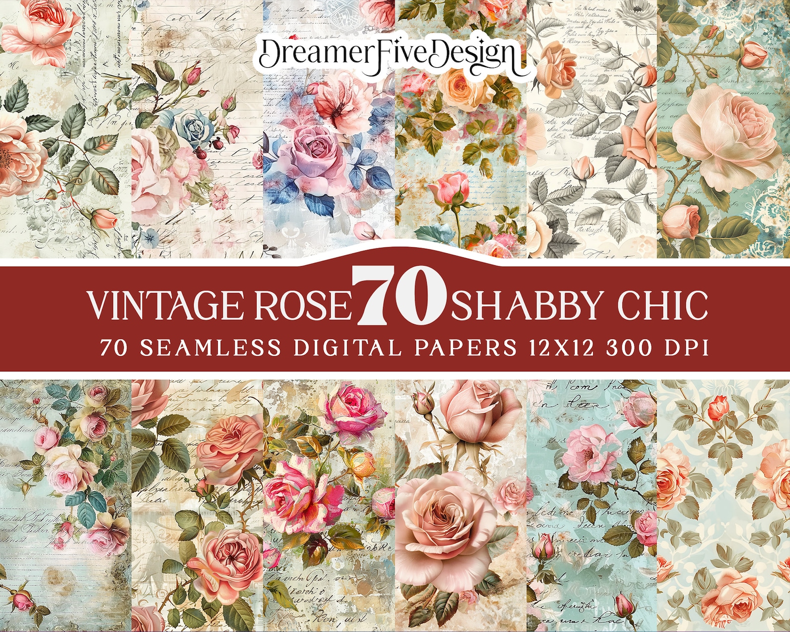 Vintage Rose Digital Paper Bundle 300 Dpi Seamless Patterns, Floral ...