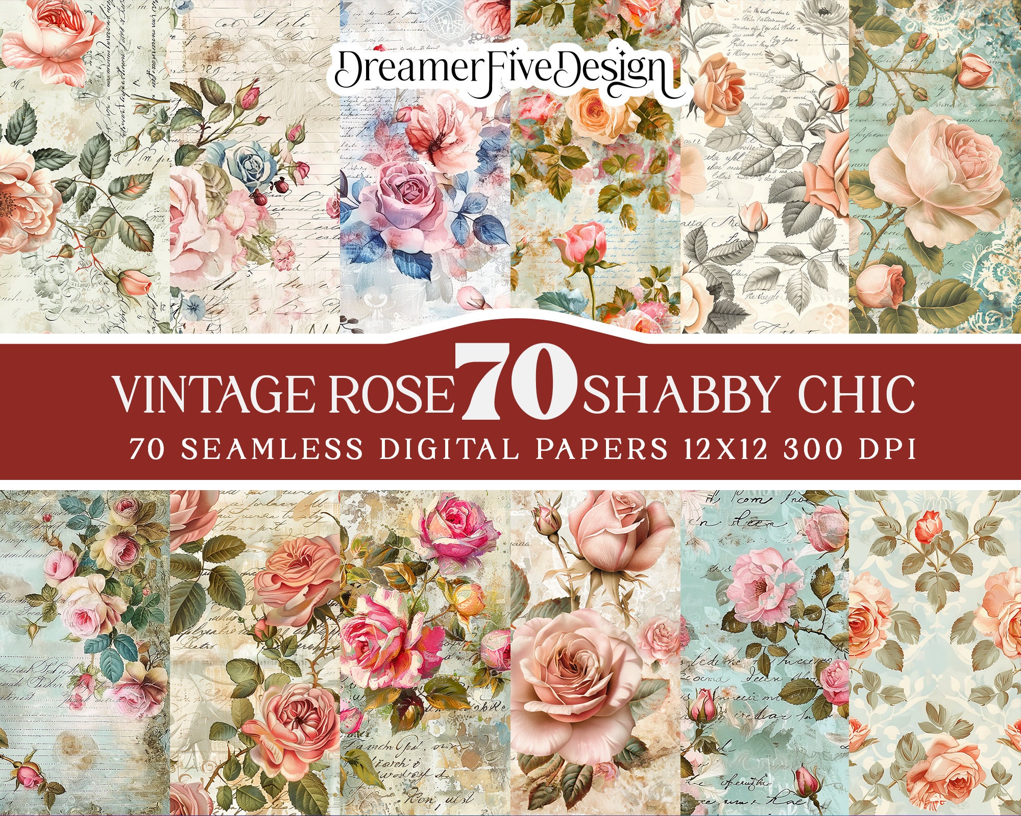 Vintage Rose Digital Paper Bundle 300 Dpi Seamless Patterns, Floral ...