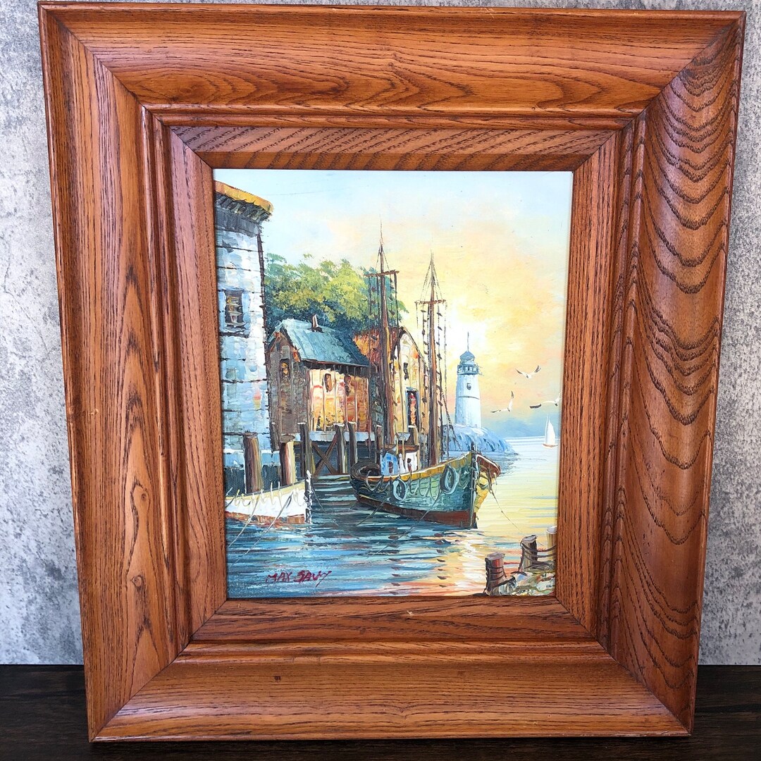 Vintage Max Savy Oil Painting: Harbour Scene With Lighthouse in Wood ...
